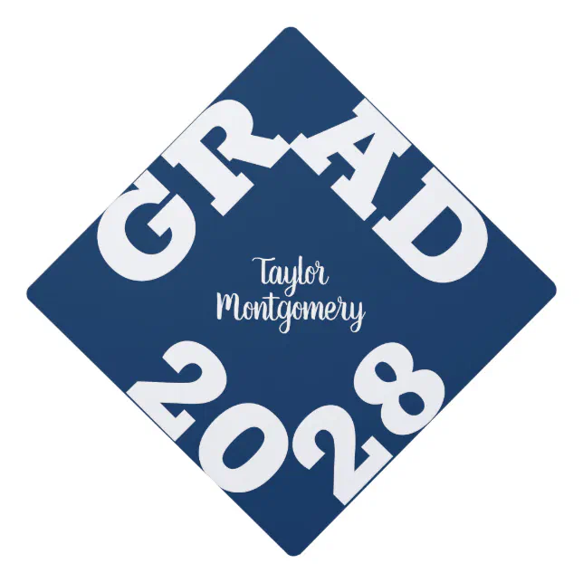 Bold GRAD White and Blue Graduation Cap Topper | Zazzle