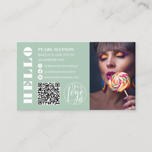 Bold hello green Qr photo logo social media Business Card | Zazzle
