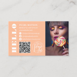 Bold hello peach Qr photo logo social media Business Card | Zazzle