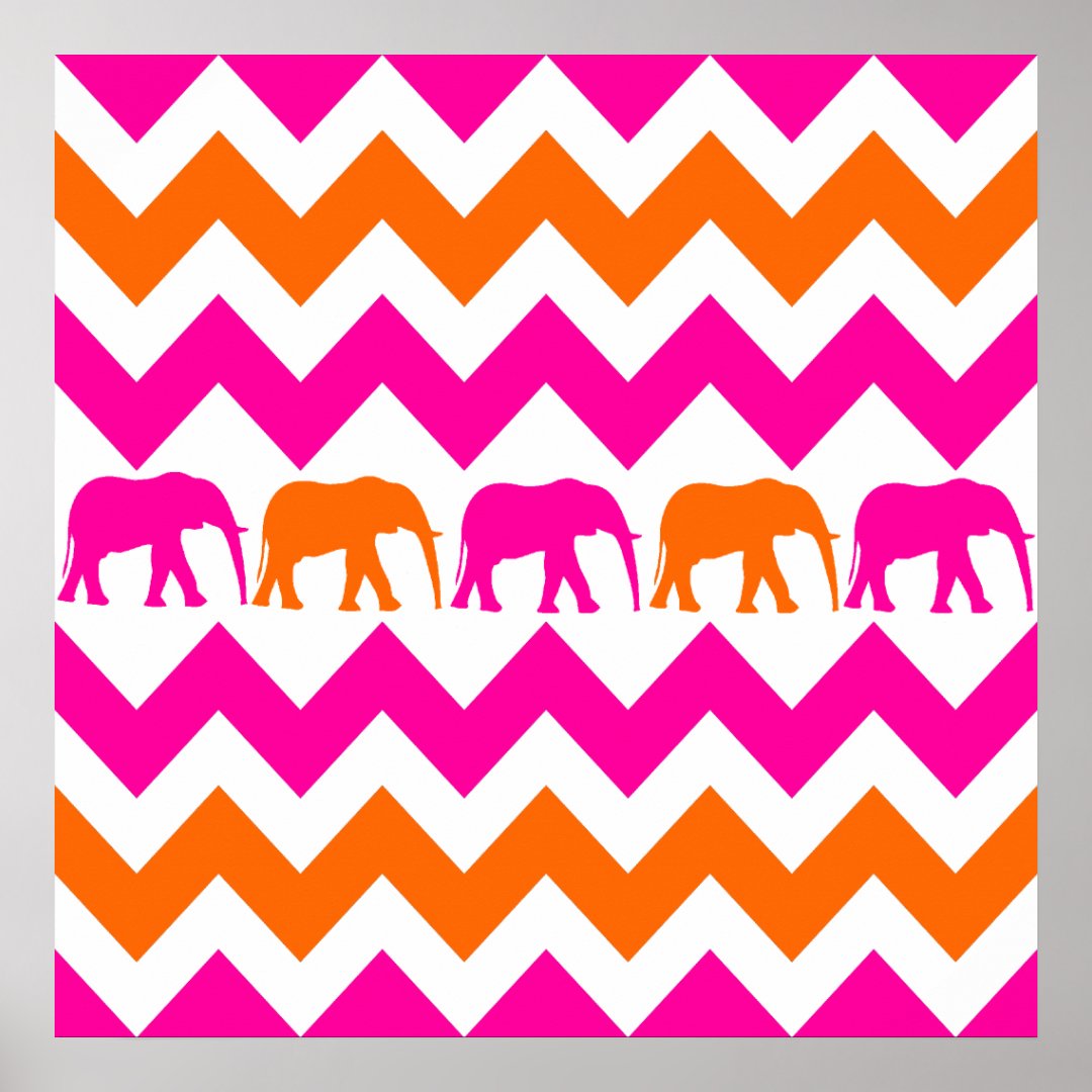 Bold Hot Pink Orange Elephants Chevron Stripes Poster | Zazzle