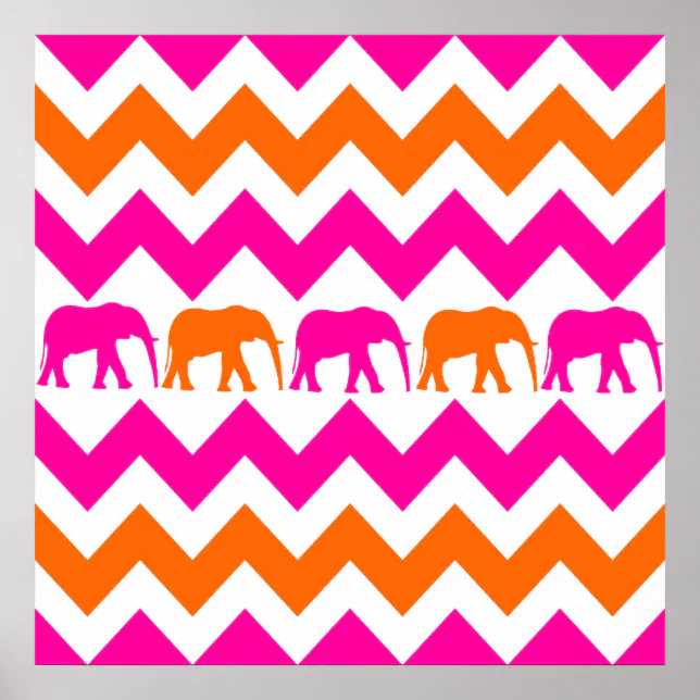 Bold Hot Pink Orange Elephants Chevron Stripes Poster | Zazzle