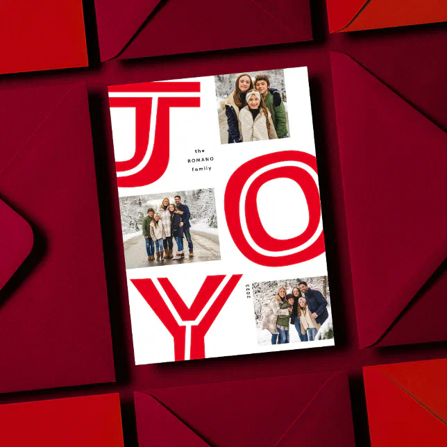 Bold joy simple modern red three photo Christmas Holiday Card | Zazzle