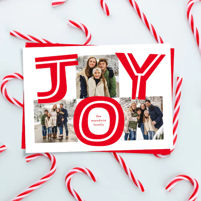 Bold joy three photo modern red Christmas Holiday Card | Zazzle