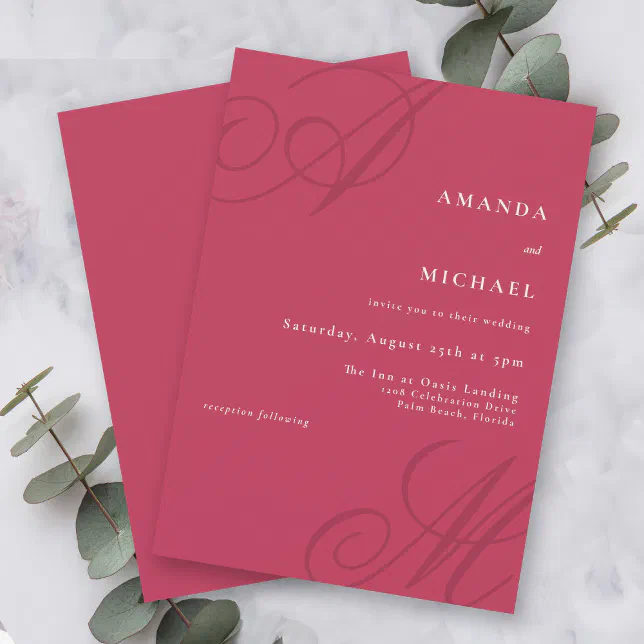Bold Magenta Modern Edge Elegant Monogram Wedding Invitation | Zazzle