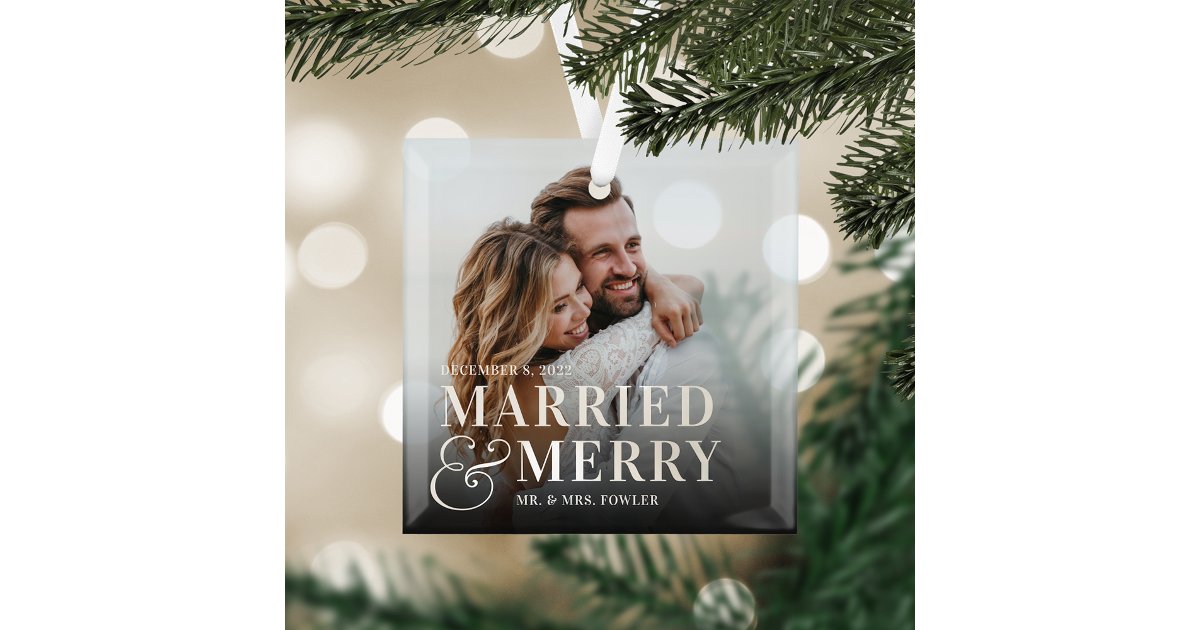 Bold Married & Merry Wedding Photo Newlywed Glass Ornament | Zazzle