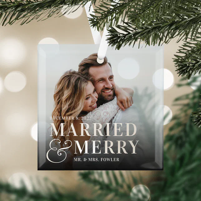 Bold Married & Merry Wedding Photo Newlywed Glass Ornament | Zazzle
