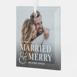 Bold Married & Merry Wedding Photo Newlywed Glass Ornament | Zazzle