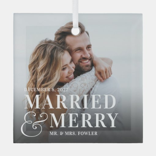 Bold Married & Merry Wedding Photo Newlywed Glass Ornament | Zazzle