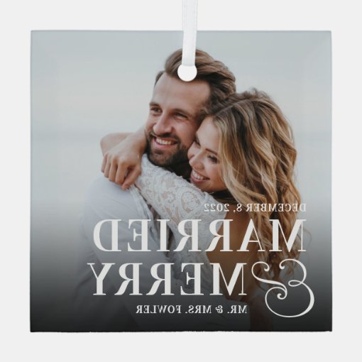Bold Married & Merry Wedding Photo Newlywed Glass Ornament | Zazzle