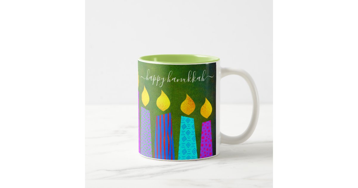 Bold Menorah Candles Happy Hanukkah Script Green Two-Tone Coffee Mug ...