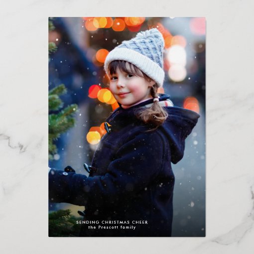 Bold merry script one photo Christmas Foil Holiday Card | Zazzle