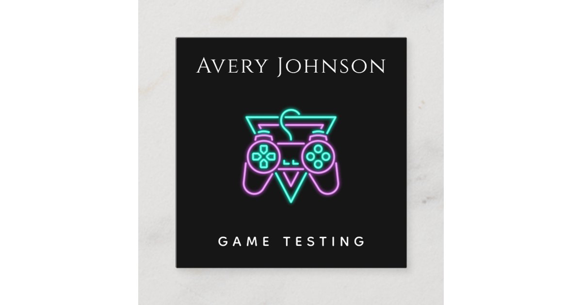Bold & Minimal Video Game Testing Neon Controller Square Business Card ...