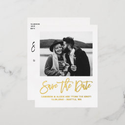 Bold Modern Calligraphy Photo Save the Date Gold Foil Invitation ...