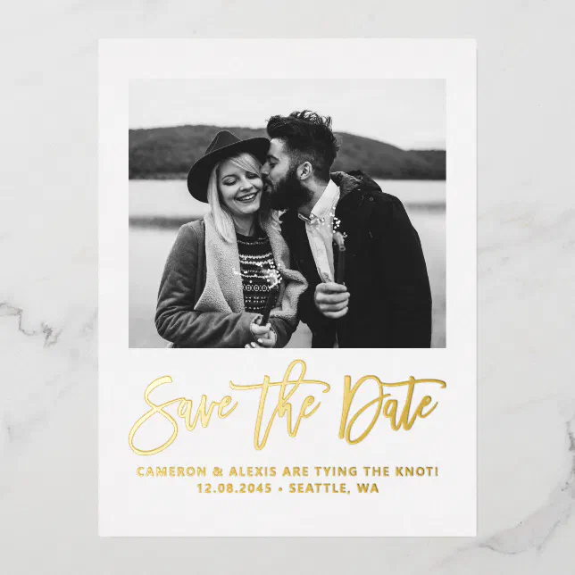 Bold Modern Calligraphy Photo Save the Date Gold Foil Invitation ...