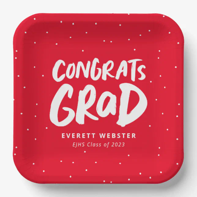 Bold modern congrats grad red graduation party paper plates | Zazzle