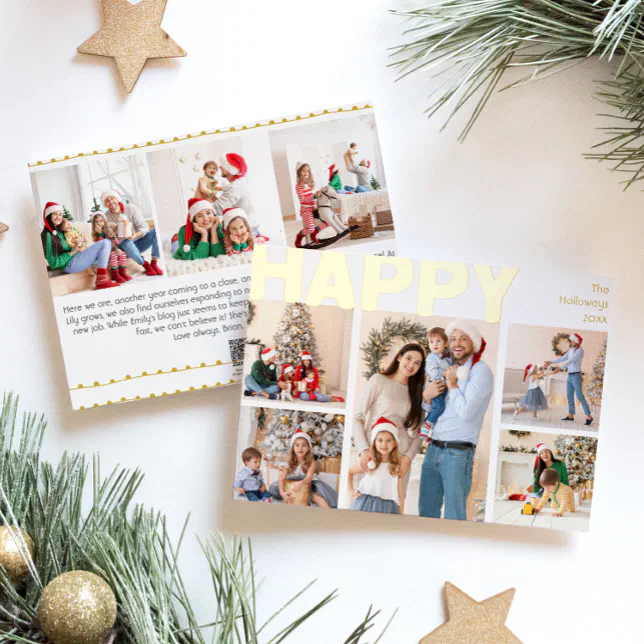 Bold Modern Eight-Photo Happy Gold Foil Holiday Card | Zazzle