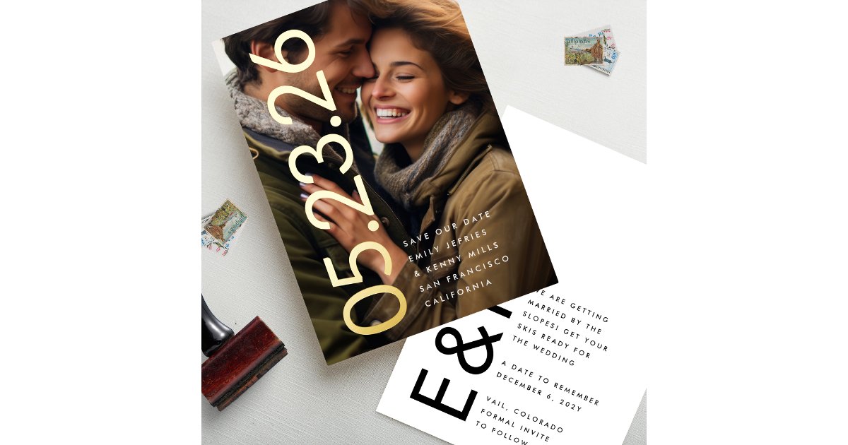 Bold Modern Gold DATE Photo Save The Date Foil Invitation | Zazzle