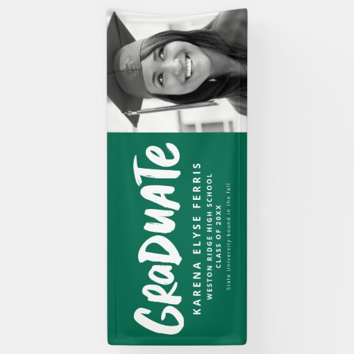 Bold modern graduate one photo green graduation banner | Zazzle