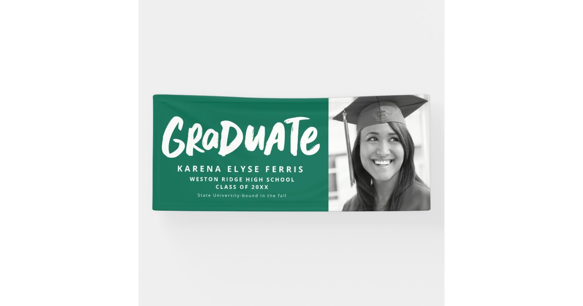 Bold modern graduate one photo green graduation banner | Zazzle