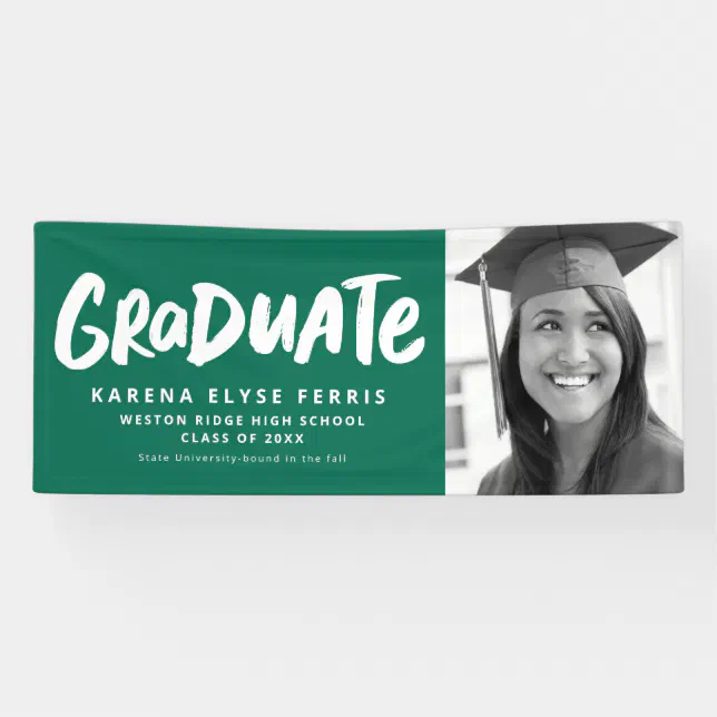 Bold modern graduate one photo green graduation banner | Zazzle