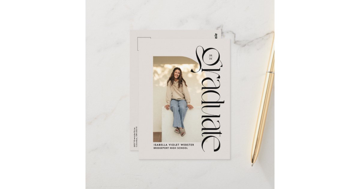 Bold modern graduate two photo graduation postcard | Zazzle