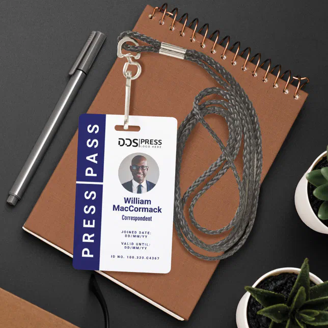 Bold Modern Navy Circle Photo Press Pass & Logo Badge | Zazzle