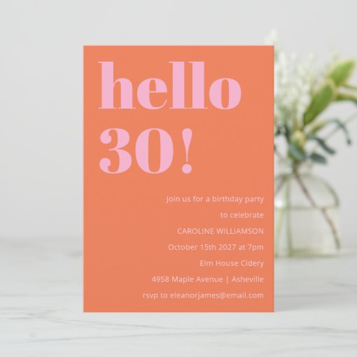 Bold Modern Simple Orange Pink 30th Birthday Party Invitation | Zazzle