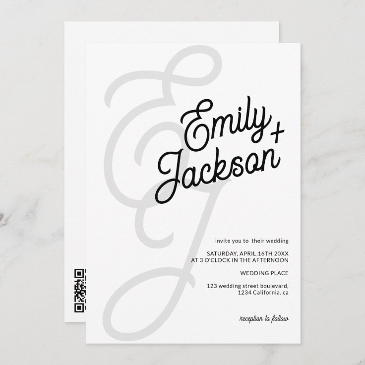 Bold monogram brush names black qr code wedding invitation | Zazzle