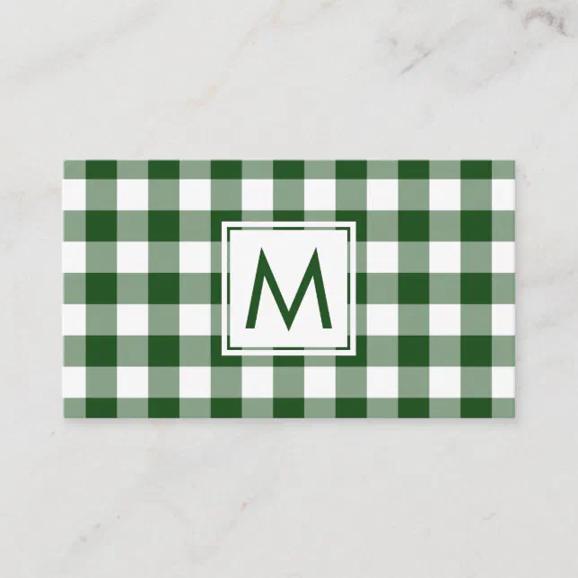 Bold Monogram Green White Buffalo Plaid Pattern Business Card | Zazzle