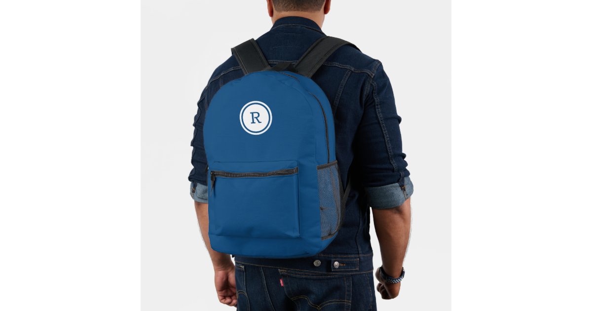 Bold Monogram in White Circle on Blue Printed Backpack | Zazzle