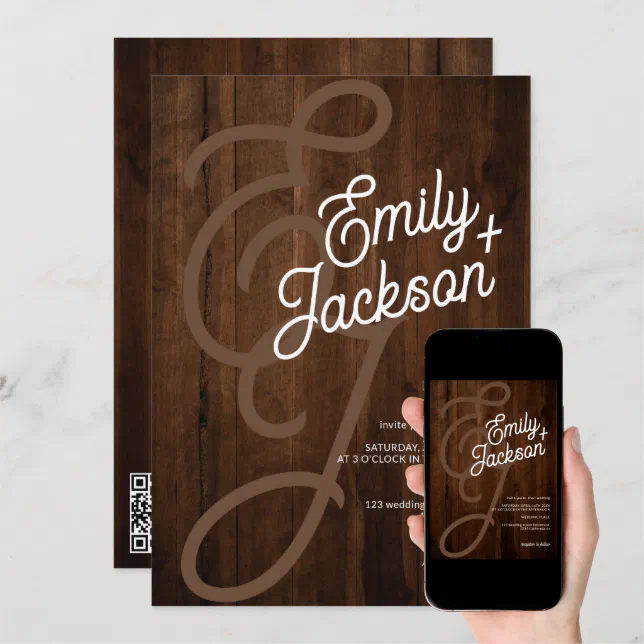 Bold monogram names rustic wood qr code wedding invitation | Zazzle