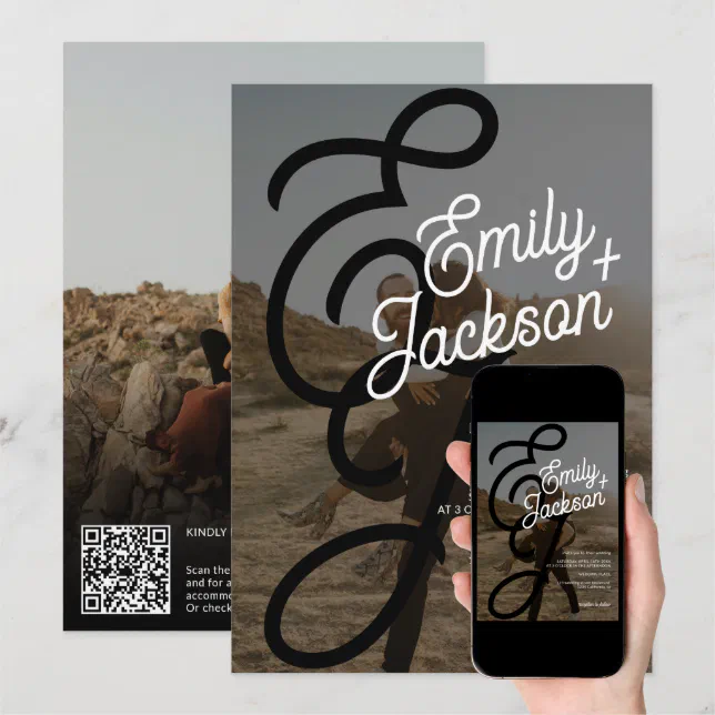 Bold monogram photos names boho qr code wedding invitation | Zazzle
