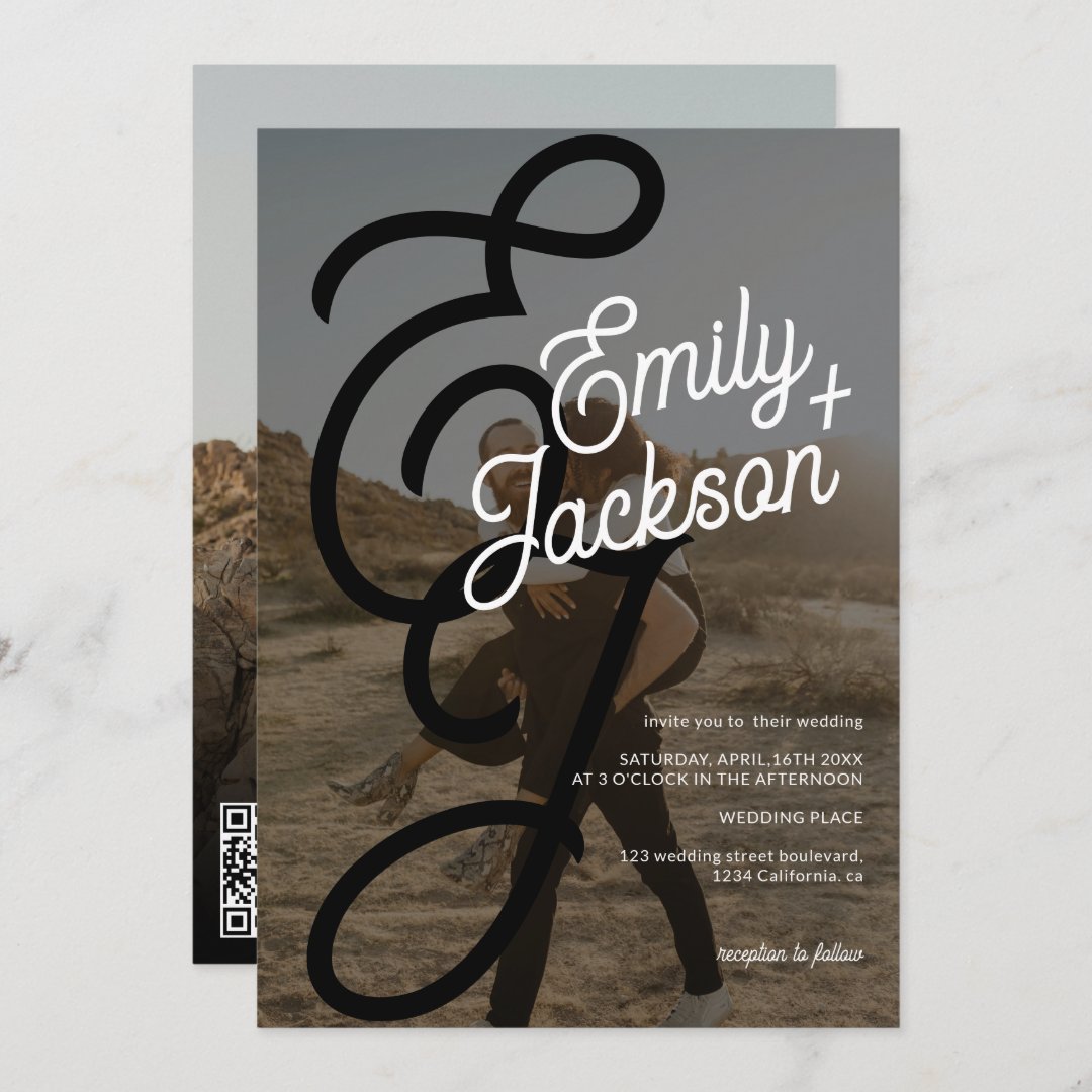 Bold monogram photos names boho qr code wedding invitation | Zazzle