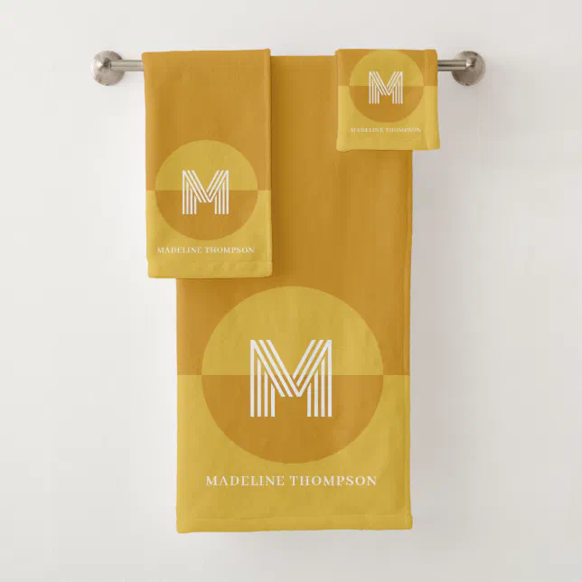 Bold Mustard Yellow Geometric Modern Monogram Bath Towel Set | Zazzle