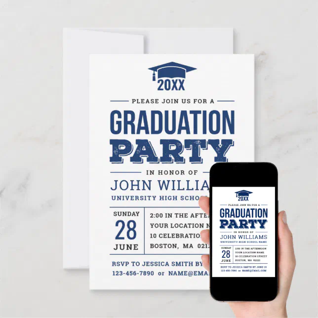 Bold Navy Blue and White Photo Graduation Party Invitation | Zazzle