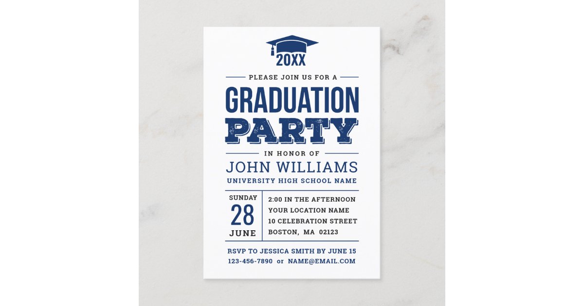 Bold Navy Blue and White Photo Graduation Party Invitation | Zazzle.com