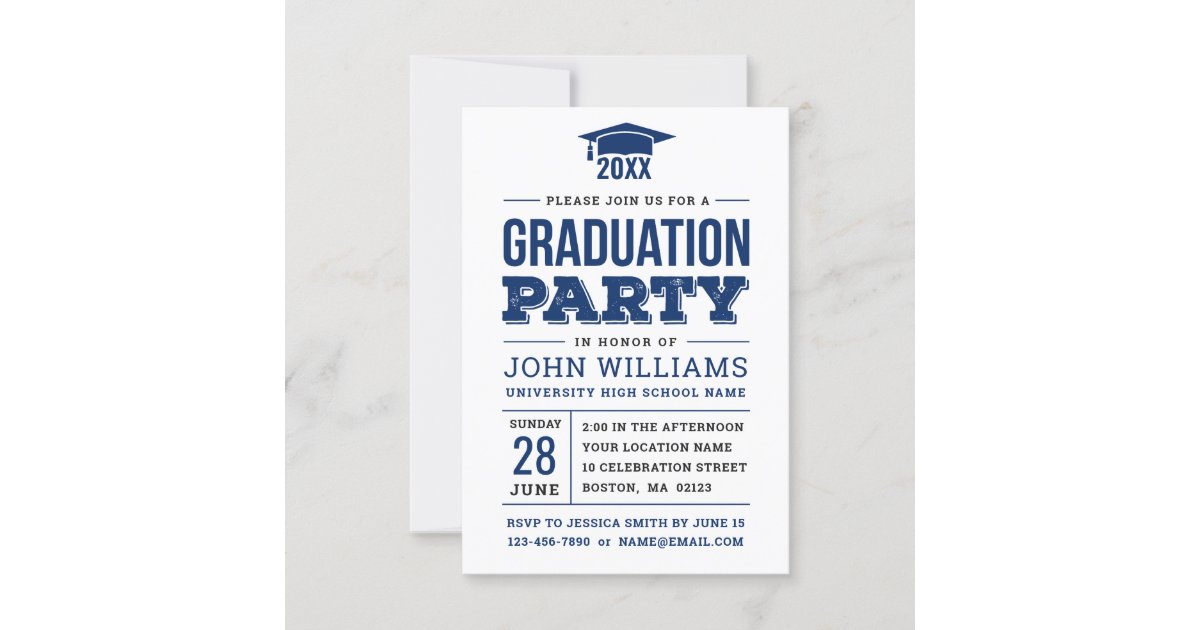 Bold Navy Blue and White Photo Graduation Party Invitation | Zazzle