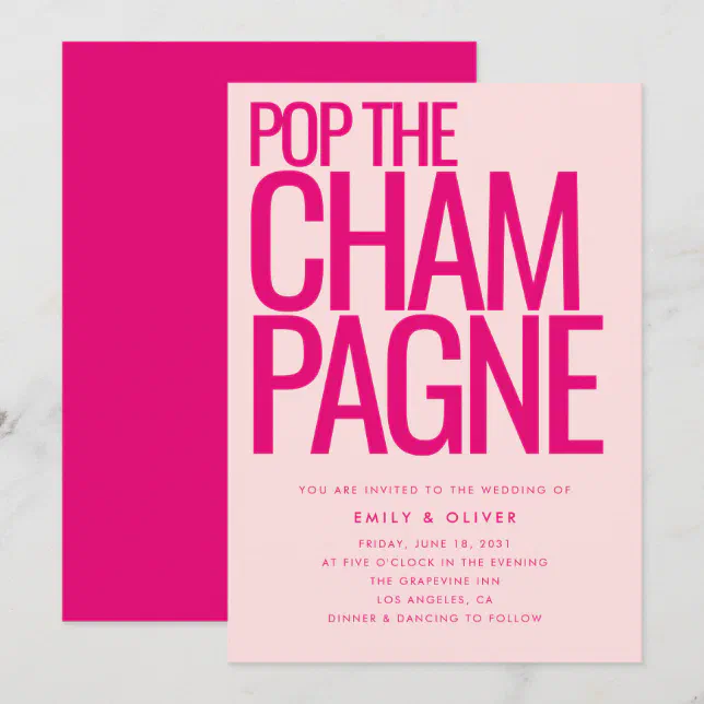 Bold Neon Pink Pop the Champagne Modern Wedding Invitation | Zazzle