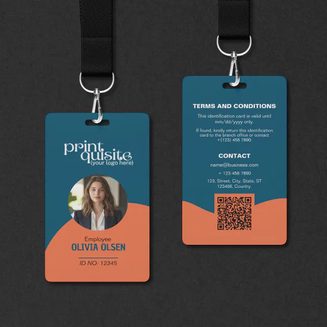 Bold Ocean Blue Orange ID Card—Employee QR Code Badge | Zazzle