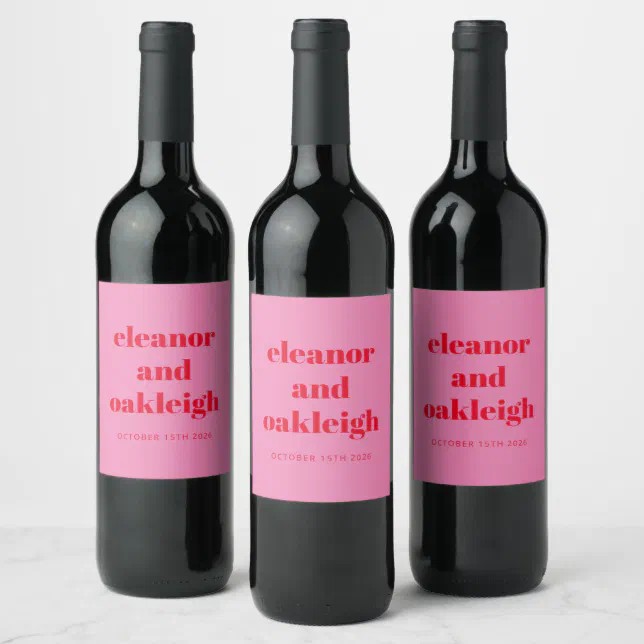 Bold Pink and Red Modern Wedding Custom Wine Label | Zazzle