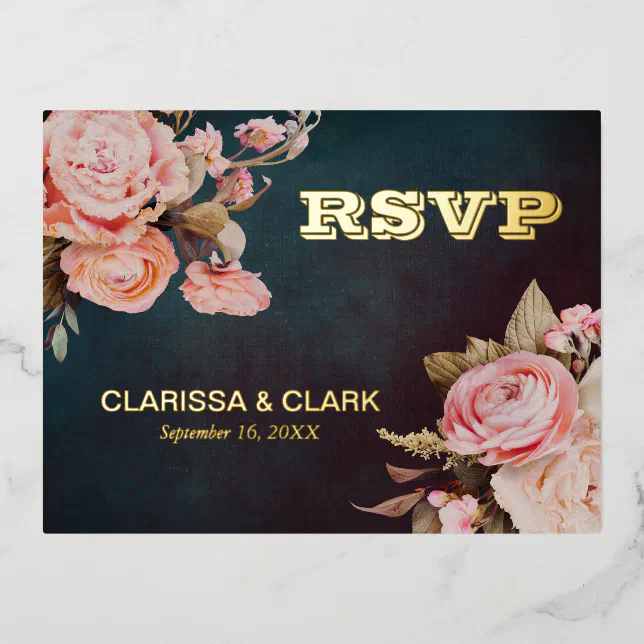 Bold Pink Floral RSVP Foil Wedding Postcard | Zazzle