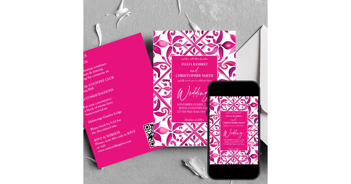 Bold pink magenta Spanish tiles all in one wedding Invitation | Zazzle