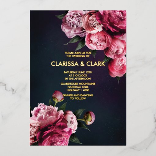 Bold Pink Modern Peony Flower Chic Wedding Foil Invitation | Zazzle