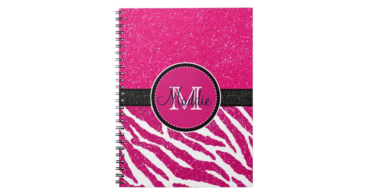 BOLD PINK ZEBRA STRIPES NAME PINK GLITTER NOTEBOOK | Zazzle