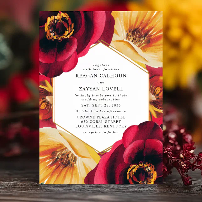 Bold Red and Yellow Floral Geometric Wedding Invitation | Zazzle