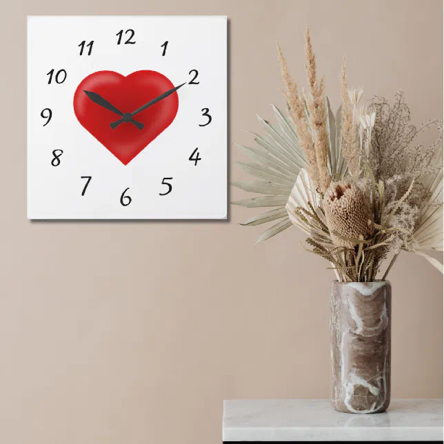 Bold Red Love Heart Design Square Wall Clock | Zazzle