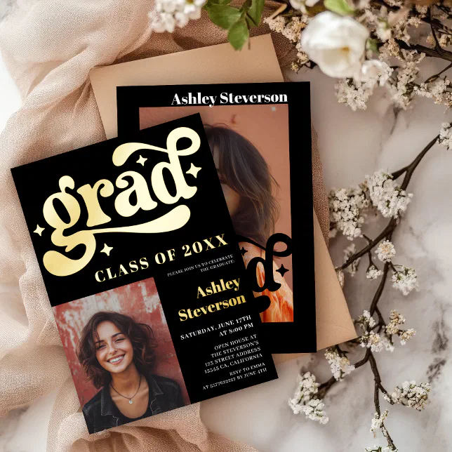 Bold Retro black Groovy 2 photos Graduation Party Foil Invitation | Zazzle