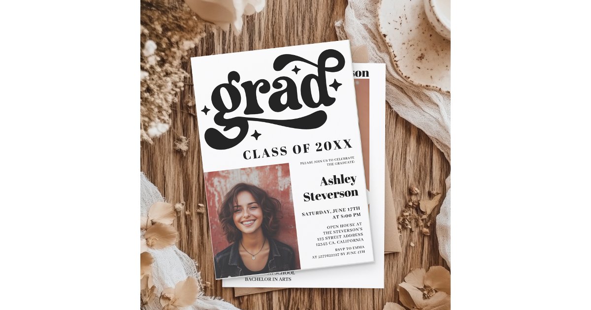 Bold Retro Black Groovy 2 photos Graduation Party Invitation | Zazzle
