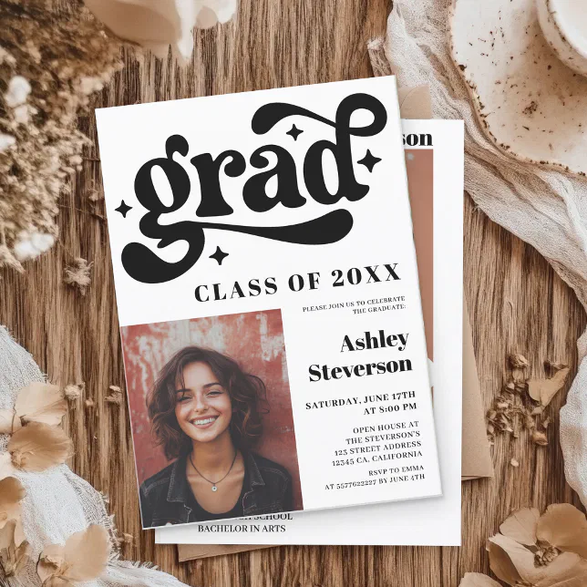 Bold Retro Black Groovy 2 photos Graduation Party Invitation | Zazzle