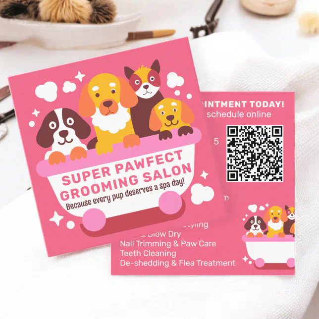 Bold Retro Cute Pink Dogs Grooming Salon Qr code Square Business Card ...